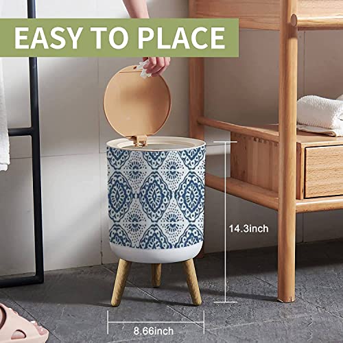 TOMYEUS Small Trash Can with Lid Ikat Seamless tie dye Shibori Print with Stripes and Ink Textured Garbage Bin Wood Waste Bin Press Cover Round Wastebasket for Bathroom Bedroom Diaper Office Kitchen