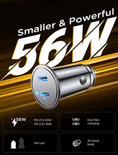 USB C Car Charger, 56W Smallest AINOPE USB C Cigarette Lighter Adapter Fast Charger, PD 3.0 Dual Car Charger USB C Compatible with iPhone 14/13 Pro/12/12 Pro/12 Mini, Galaxy S20/S10, iPad Pro