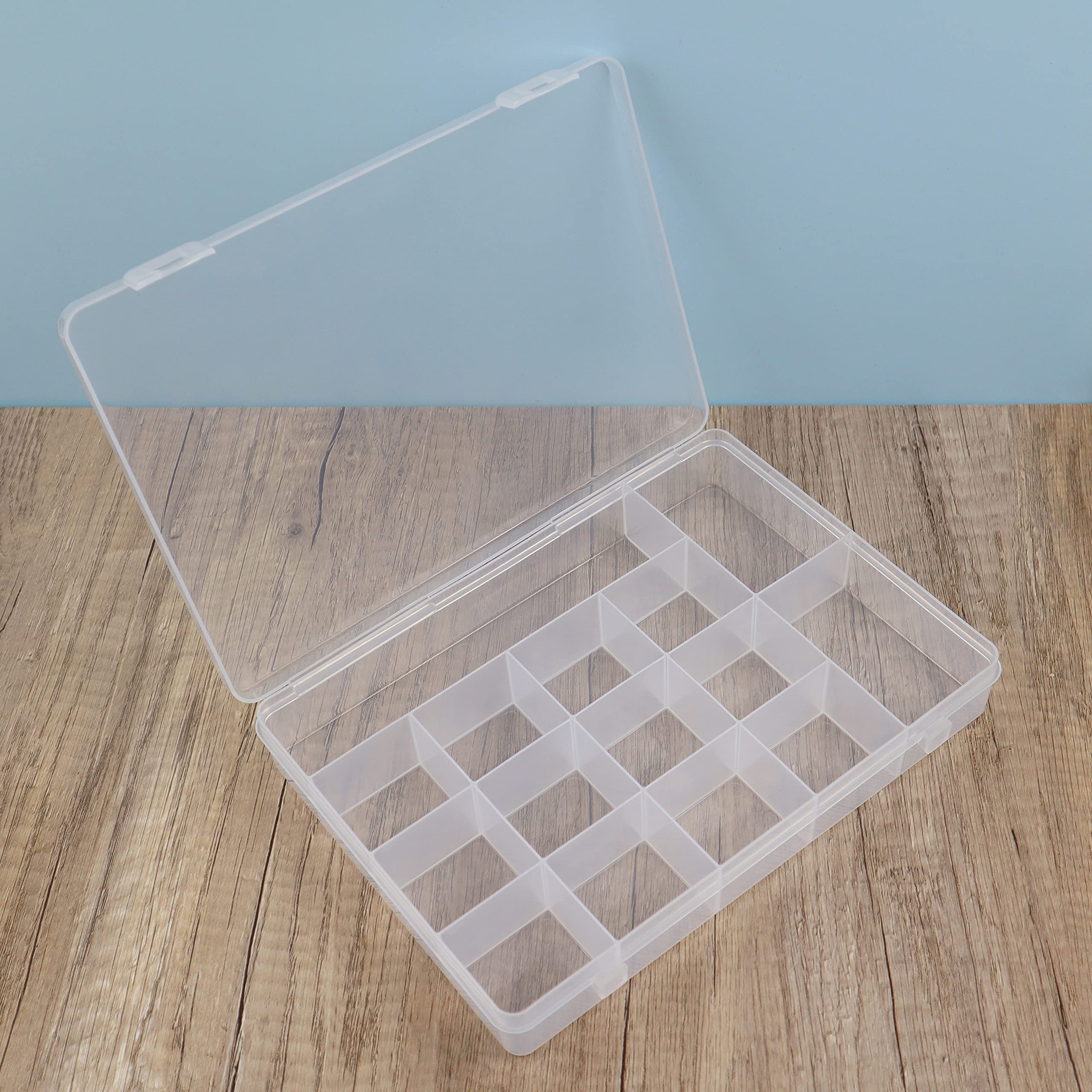 EIKS Plastic Compartment Organizer Box Case with 15 Grids for Beads Jewelry Fishing Tackles Metal Parts Accessories Screws Button, Size 9x6.7x1.4inch
