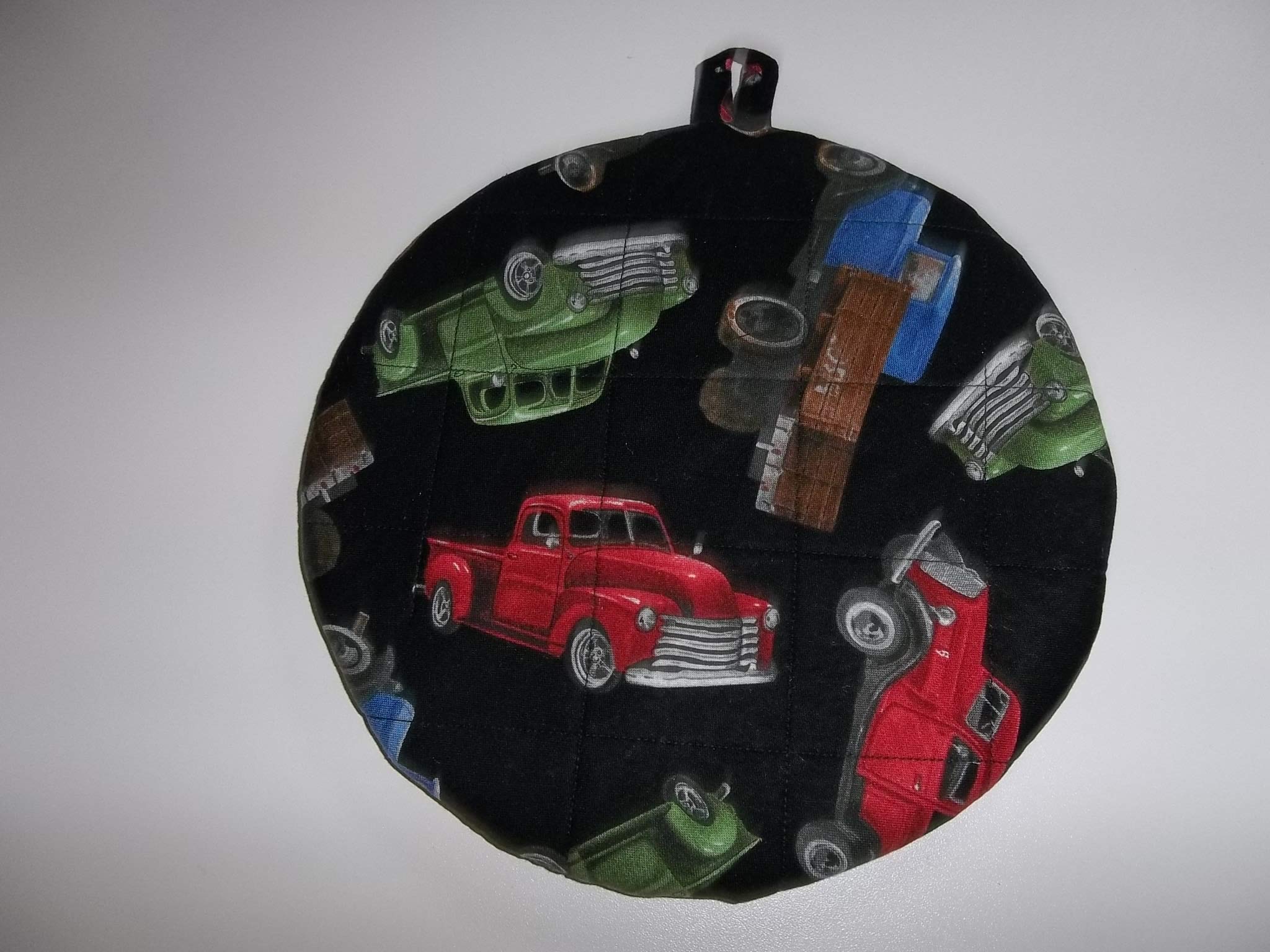 Pot Holders Heat Resistant Classic Pickup Trucks Red and Multi Colored Potholders Handmade Double Insulated Quilted Hot Pads Trivets 9 inches Round