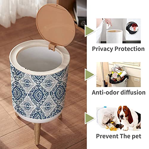 TOMYEUS Small Trash Can with Lid Ikat Seamless tie dye Shibori Print with Stripes and Ink Textured Garbage Bin Wood Waste Bin Press Cover Round Wastebasket for Bathroom Bedroom Diaper Office Kitchen