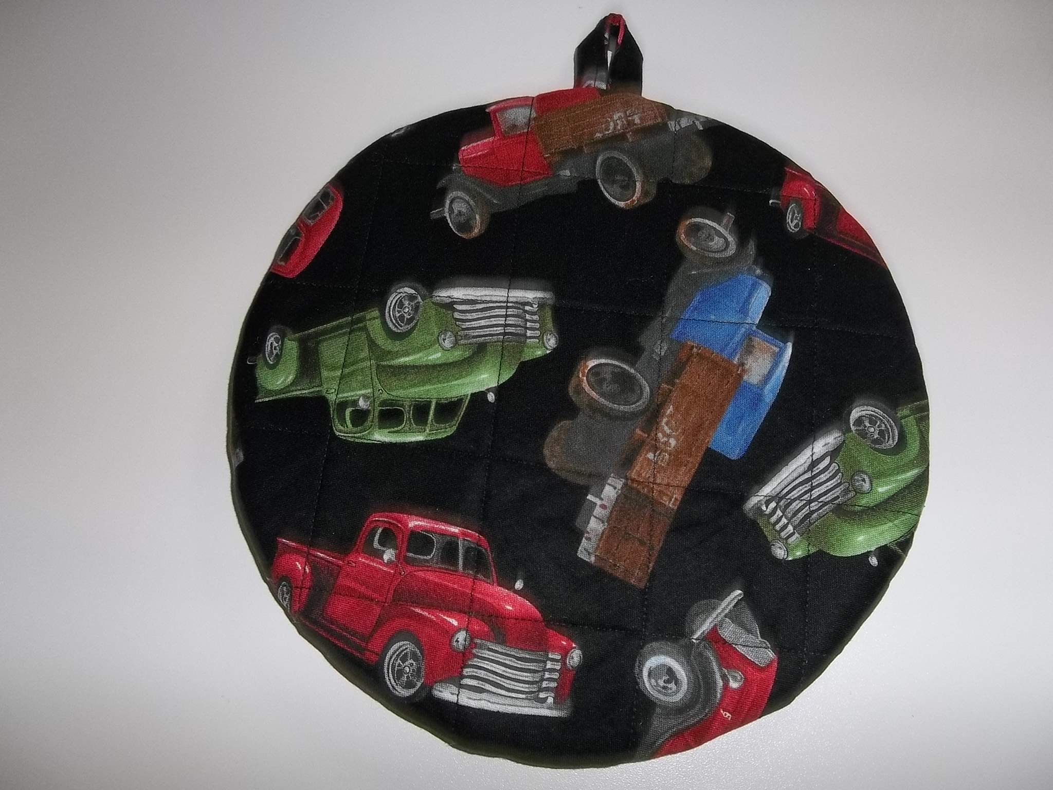 Pot Holders Heat Resistant Classic Pickup Trucks Red and Multi Colored Potholders Handmade Double Insulated Quilted Hot Pads Trivets 9 inches Round