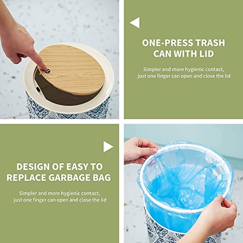 TOMYEUS Small Trash Can with Lid Ikat Seamless tie dye Shibori Print with Stripes and Ink Textured Garbage Bin Wood Waste Bin Press Cover Round Wastebasket for Bathroom Bedroom Diaper Office Kitchen