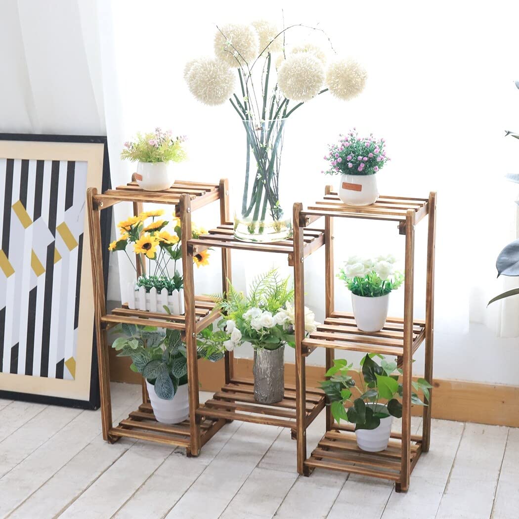 Combination Tall Plant Stand Corner Flower Pot Display Holder Rack Brown Classic Round Wood Handmade