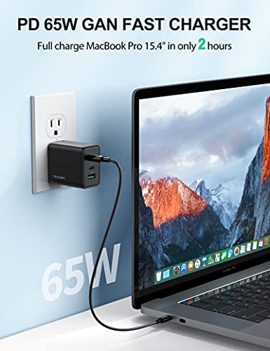 USB C Charger TECKNET 65W PD 3.0 GaN Charger Type C Foldable Adapter with 3-Port Fast Wall Charger Compatible for iPhone 14 Pro Max/14 Plus/13, MacBook Pro, iPad Pro, Switch, Galaxy S22/S21