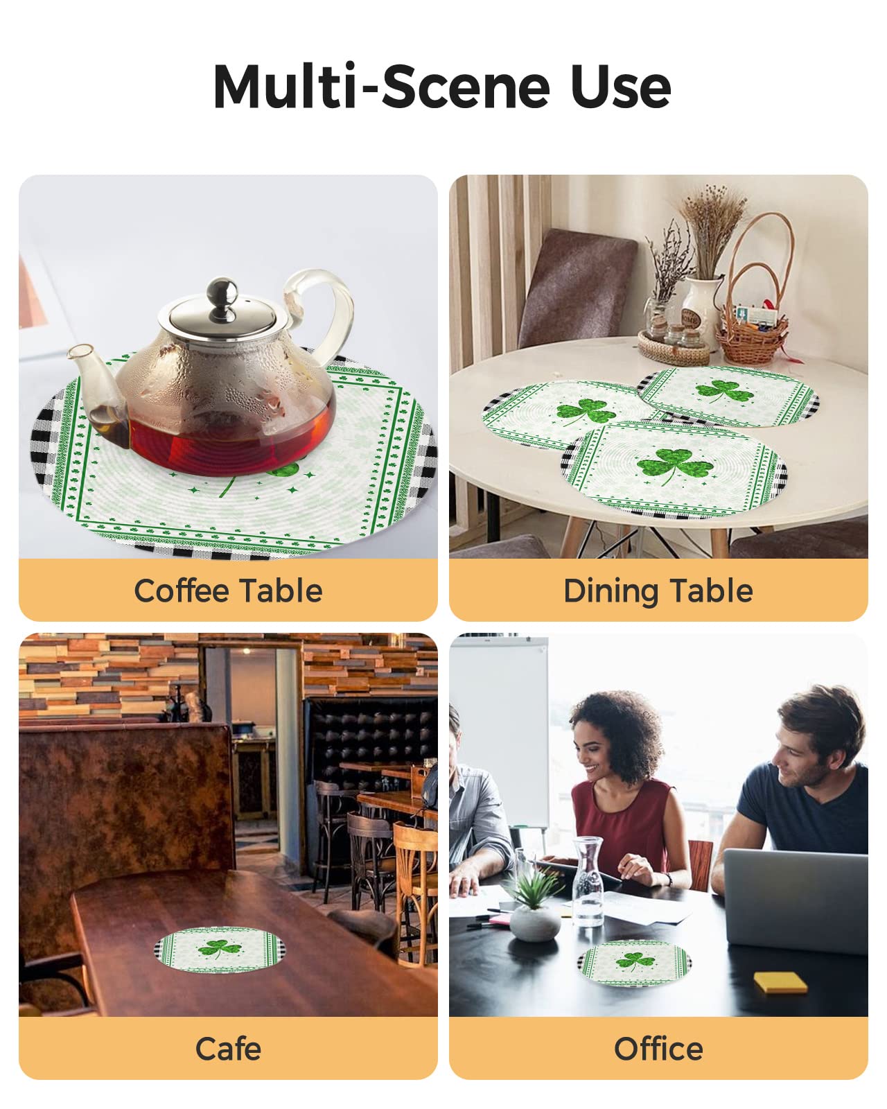 15" Round Braided Placemats Set of 2 St. Patrick Clover Shamrocks Classic Woven Place Mats Table Mats Set-Thick Heat Resistant Kitchen Trivet Hot Pads Pot Holder for Dining Tables