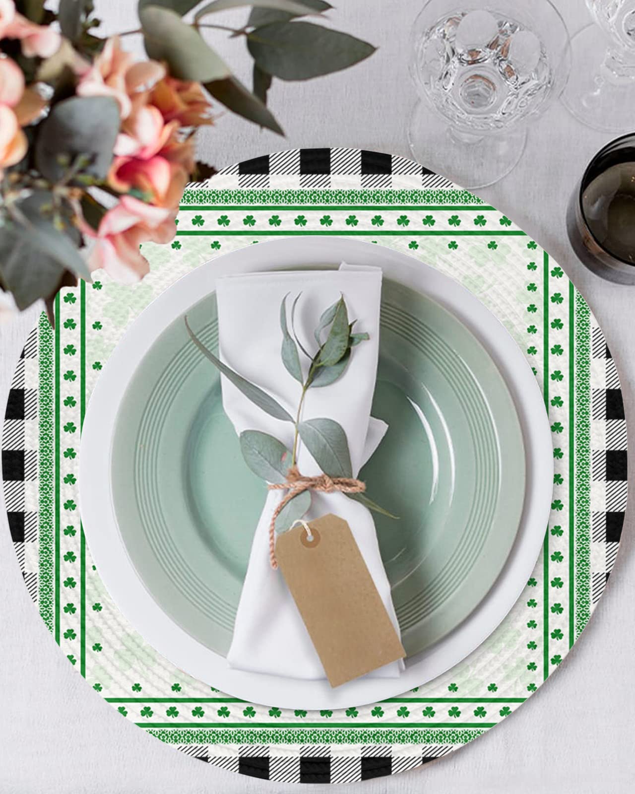 15" Round Braided Placemats Set of 2 St. Patrick Clover Shamrocks Classic Woven Place Mats Table Mats Set-Thick Heat Resistant Kitchen Trivet Hot Pads Pot Holder for Dining Tables