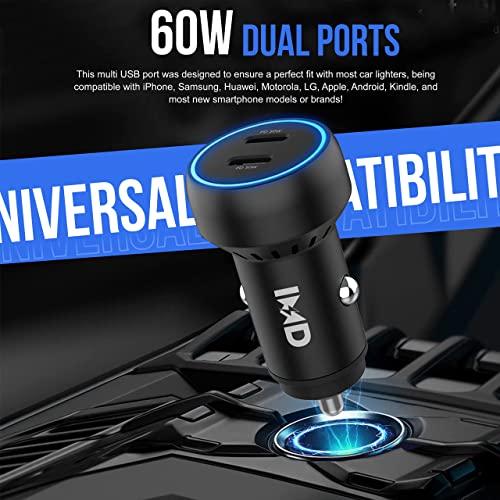 USB Type-C Car Charger Car Accessories – 60W Dual Ports Type-C Cell Phone Charger – Lighter USB Charger Compatible with iPhone, Samsung, Tablet – Fast Charge and Reliable Connection