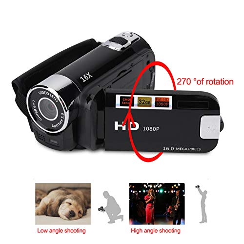 HD Digital Video Camera, 16X Digital Camera, 2.4 Inch Screen Video Camera for Kids, Beginners, Teenagers, 270 Degree Rotation, 118 x 51.5 x 58.5mm(Black)