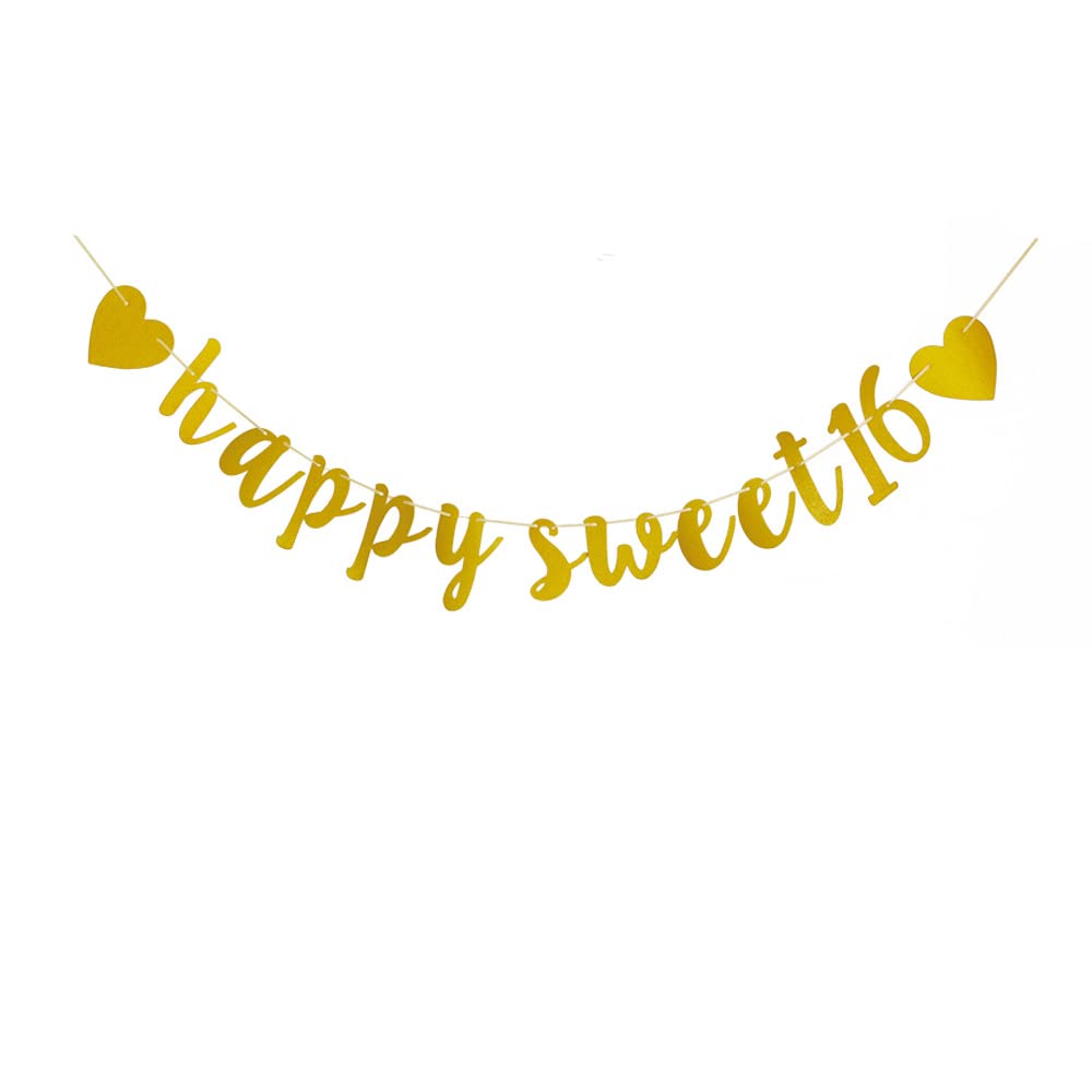 Happy Sweet 16 Gold Banner Sign for 16th Birthday Party Bunting, Sweet Sixteen Party Decorations