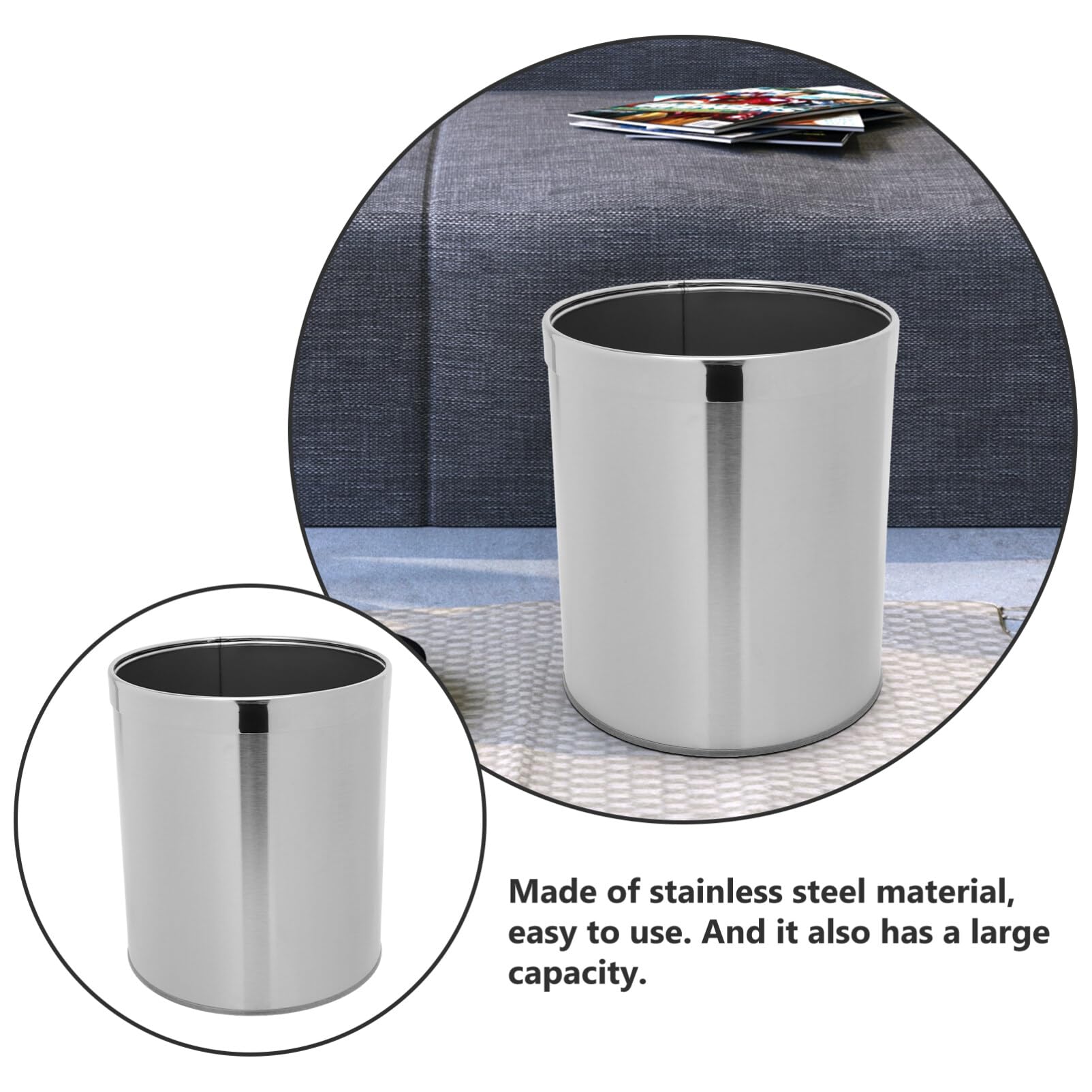 Luxshiny Stainless Steel Round Trash Can Hotel Trash Can Garbage Bin Large Trash Bin Stainless Steel Trash Bin Stainless Steel Trash Can Wastebasket Garbage Can for Bedroom Waste Bins