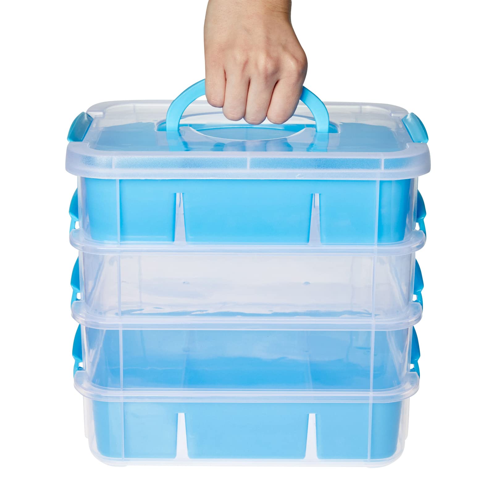 Stackable Blue Craft Storage Containers with 2 Trays and Labels, Plastic Grid Organizer Box (10.5 x 7 x 9.5 in)