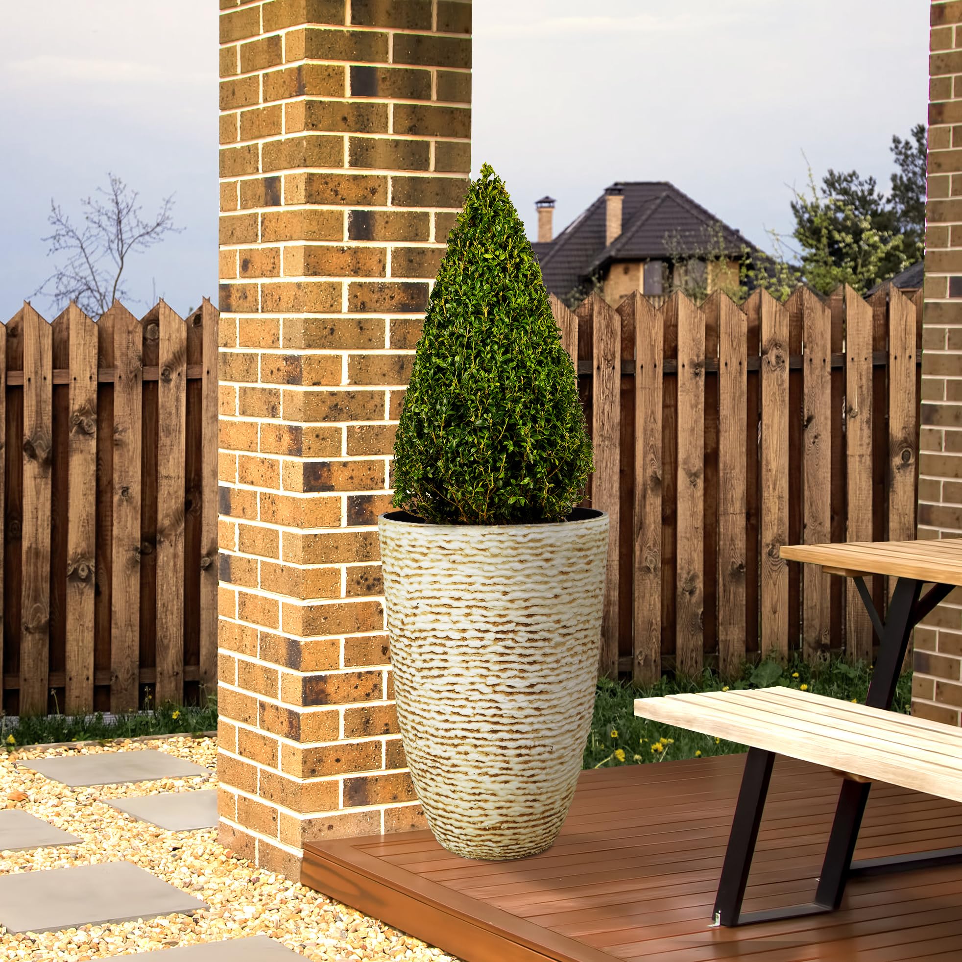 KOL 2-Pack 21in. Tall Plastic Planter - Large Round Tapered Plant Pots with Textured Finish - Beige Imitation Stone Looking Flower Pots for Indoor & Outdoor Plants - Lightweight and Durable