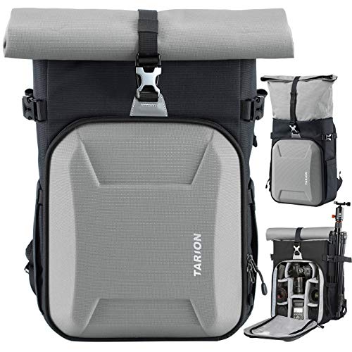 TARION XH Camera Bag Hard Shell Camera Backpack Hardcase Camera Bag Roll Top DSLR Backpack Bag with 15" Laptop Compartment Waterproof Raincover for Cameras Lens Tripod Outdoor Men Women Color Silver