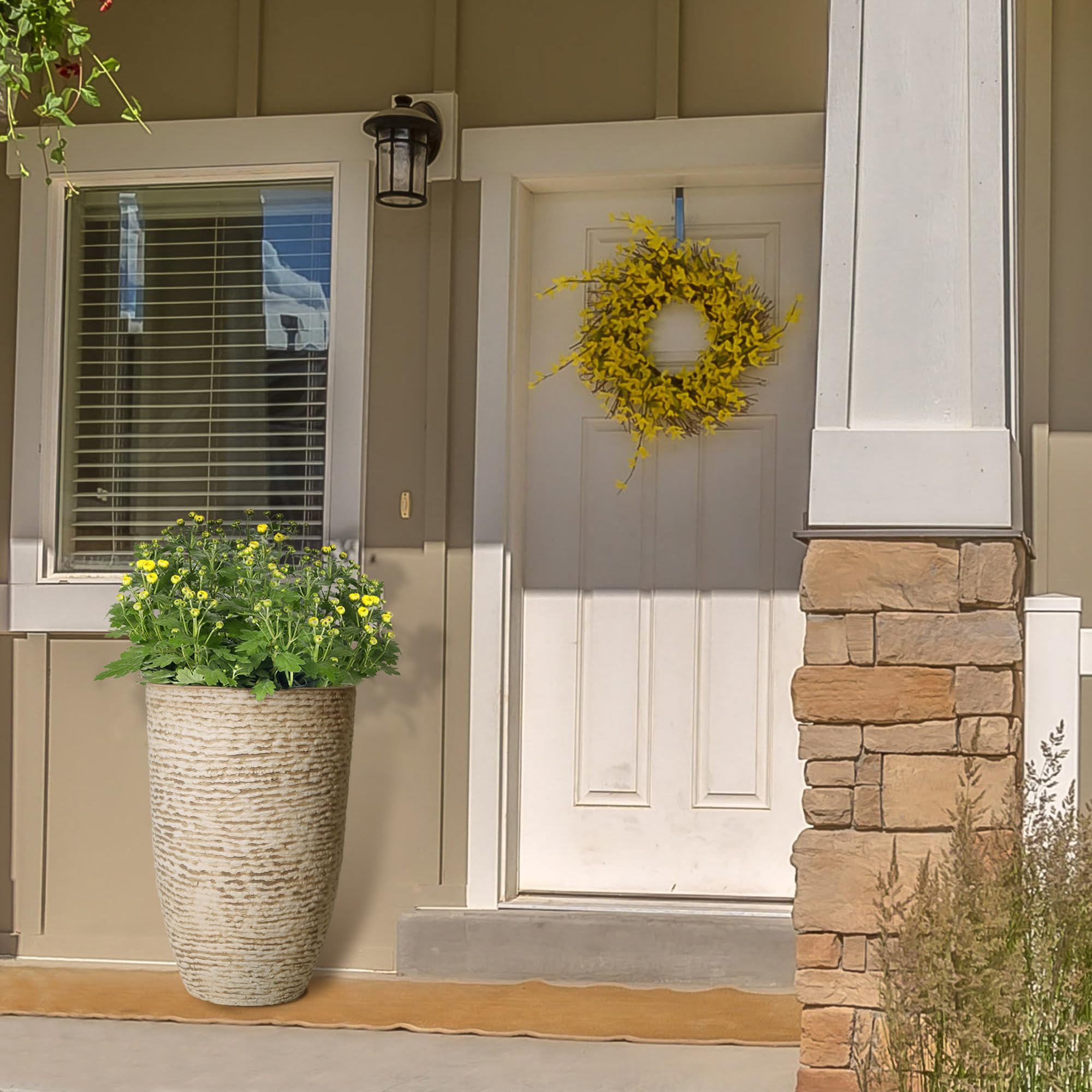 KOL 2-Pack 21in. Tall Plastic Planter - Large Round Tapered Plant Pots with Textured Finish - Beige Imitation Stone Looking Flower Pots for Indoor & Outdoor Plants - Lightweight and Durable