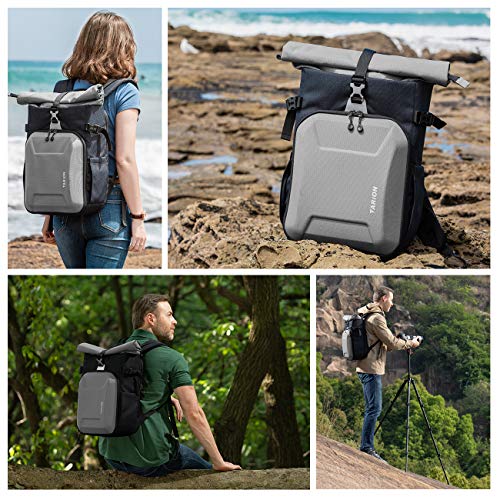 TARION XH Camera Bag Hard Shell Camera Backpack Hardcase Camera Bag Roll Top DSLR Backpack Bag with 15" Laptop Compartment Waterproof Raincover for Cameras Lens Tripod Outdoor Men Women Color Silver