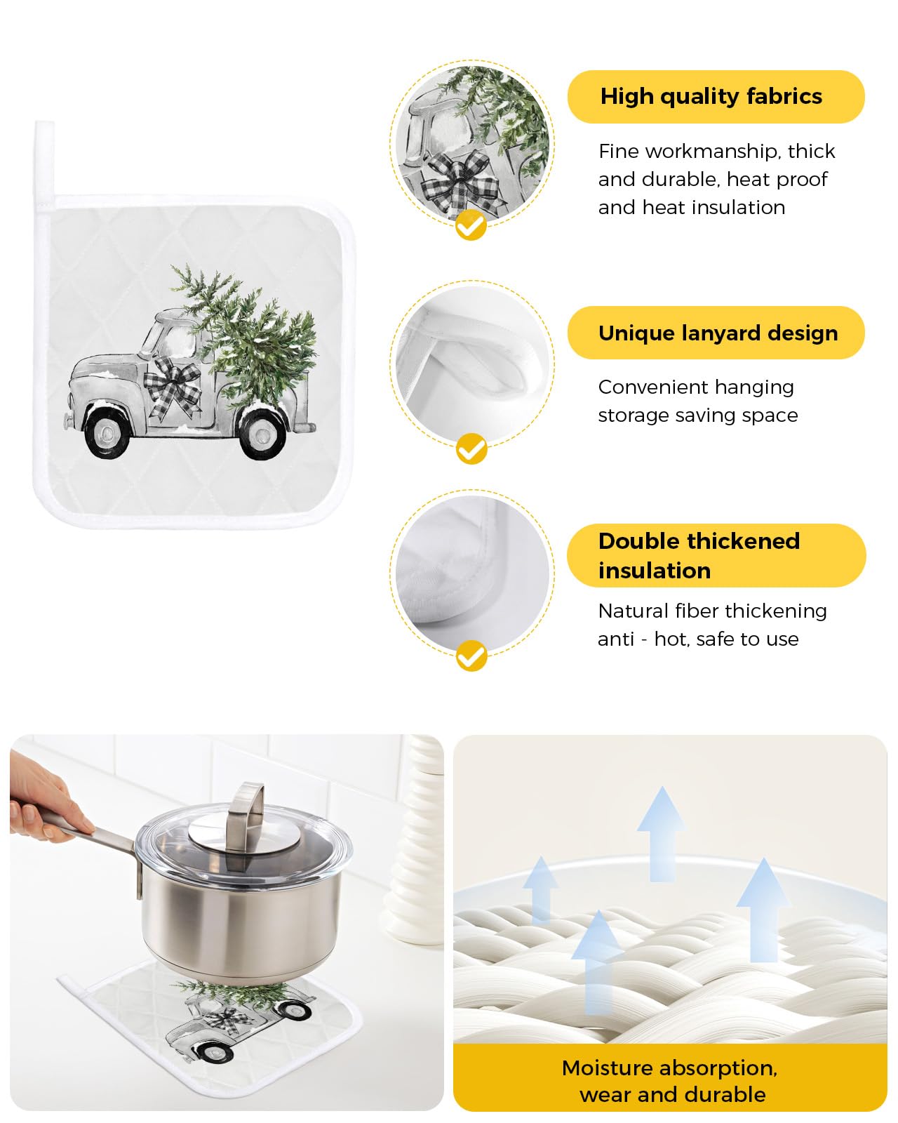2 PCS Pot Holders with Hanging Loops, Christmas Heatresistant Potholders Coasters Mat for Kitchen Cooking Baking BBQ Classic Old World Car Xmas Green Pine Tree