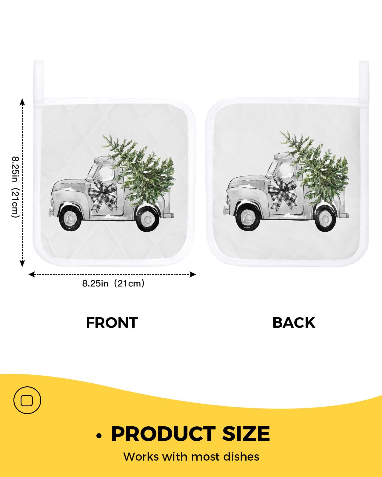 2 PCS Pot Holders with Hanging Loops, Christmas Heatresistant Potholders Coasters Mat for Kitchen Cooking Baking BBQ Classic Old World Car Xmas Green Pine Tree