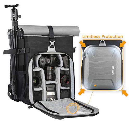 TARION XH Camera Bag Hard Shell Camera Backpack Hardcase Camera Bag Roll Top DSLR Backpack Bag with 15" Laptop Compartment Waterproof Raincover for Cameras Lens Tripod Outdoor Men Women Color Silver