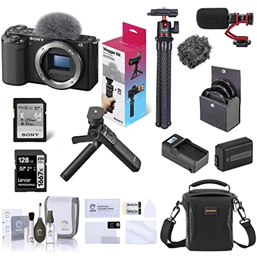 Sony ZV-E10 Mirrorless Camera with 16-50mm Lens, Black Bundle with ACCVC1 Vlogger Kit, Memory Card, Bag, Screen Protector, Microphone, Tripod, Battery, Charger, Filter Kit, Cleaning Kit