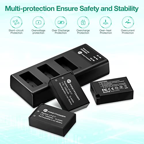 FirstPower LP-E17 Battery 3-Pack and Triple Slot Charger for Canon EOS RP, Rebel T8i, T7i, T6i, T6s, SL2, SL3, M3, M5, M6, 77D, 200D, 750D, 760D, 800D, 8000D, DSLR Cameras