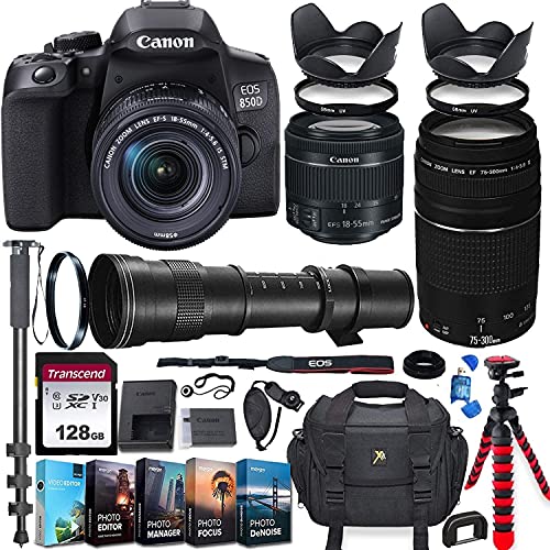 Canon Intl. EOS 850D (Rebel T8i) DSLR Camera with 18-55mm STM & Canon EF 75-300mm III Lenses + MF 420-800mm Zoom Lens + 128GB Memory + Filters + Flex Tripod + Professional Bundle