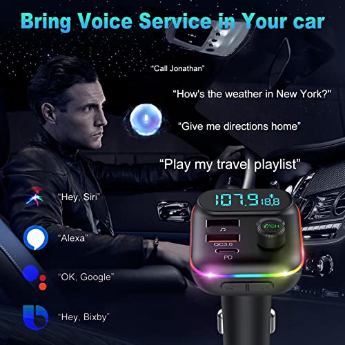 VR robot Upgraded Bluetooth FM Transmitter for Car, Wireless Bluetooth 5.0 FM Car Adapter with Dual USB Ports,Support 20W PD+QC3.0 Fast Charger, Stronger Microphone,7 Colors LED Backlit