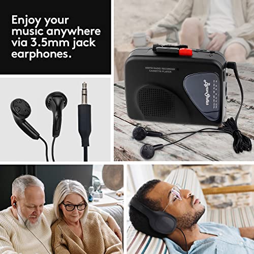 ByronStatics Portable Cassette Players Recorders FM AM Radio Walkman Tape Player Built In Mic External Speakers Manual Record VAS Automatic Stop System 2AA Battery Or USB Power Supply Headphone Black