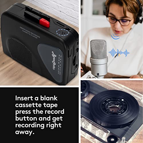 ByronStatics Portable Cassette Players Recorders FM AM Radio Walkman Tape Player Built In Mic External Speakers Manual Record VAS Automatic Stop System 2AA Battery Or USB Power Supply Headphone Black