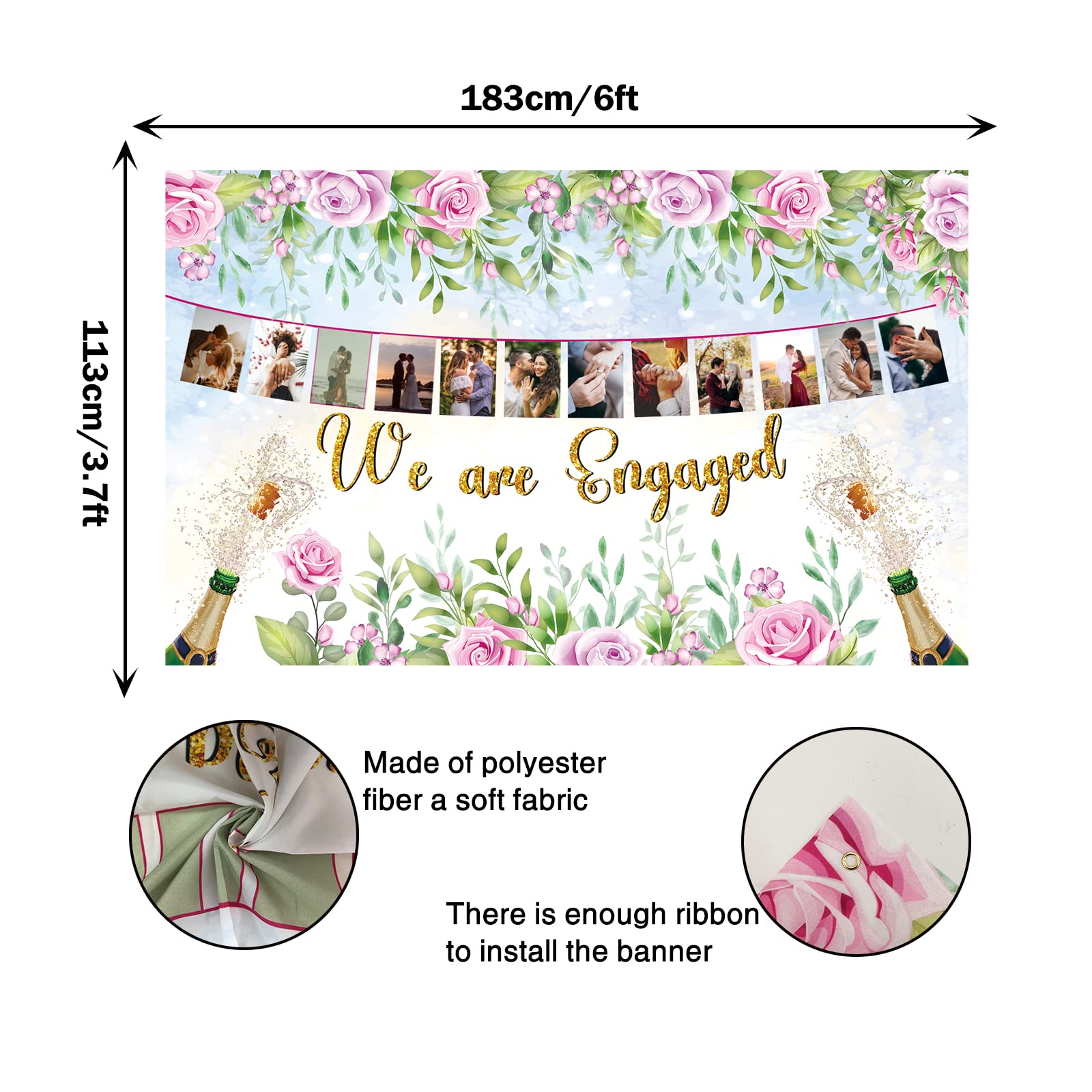 MEFENG Personalized We are Engaged Backdrop Banner Flower Engagement Decorations Bridal Shower Party Backdrop Engaged Ceremony Supplies Photo Booth Props Background with Customized Picture