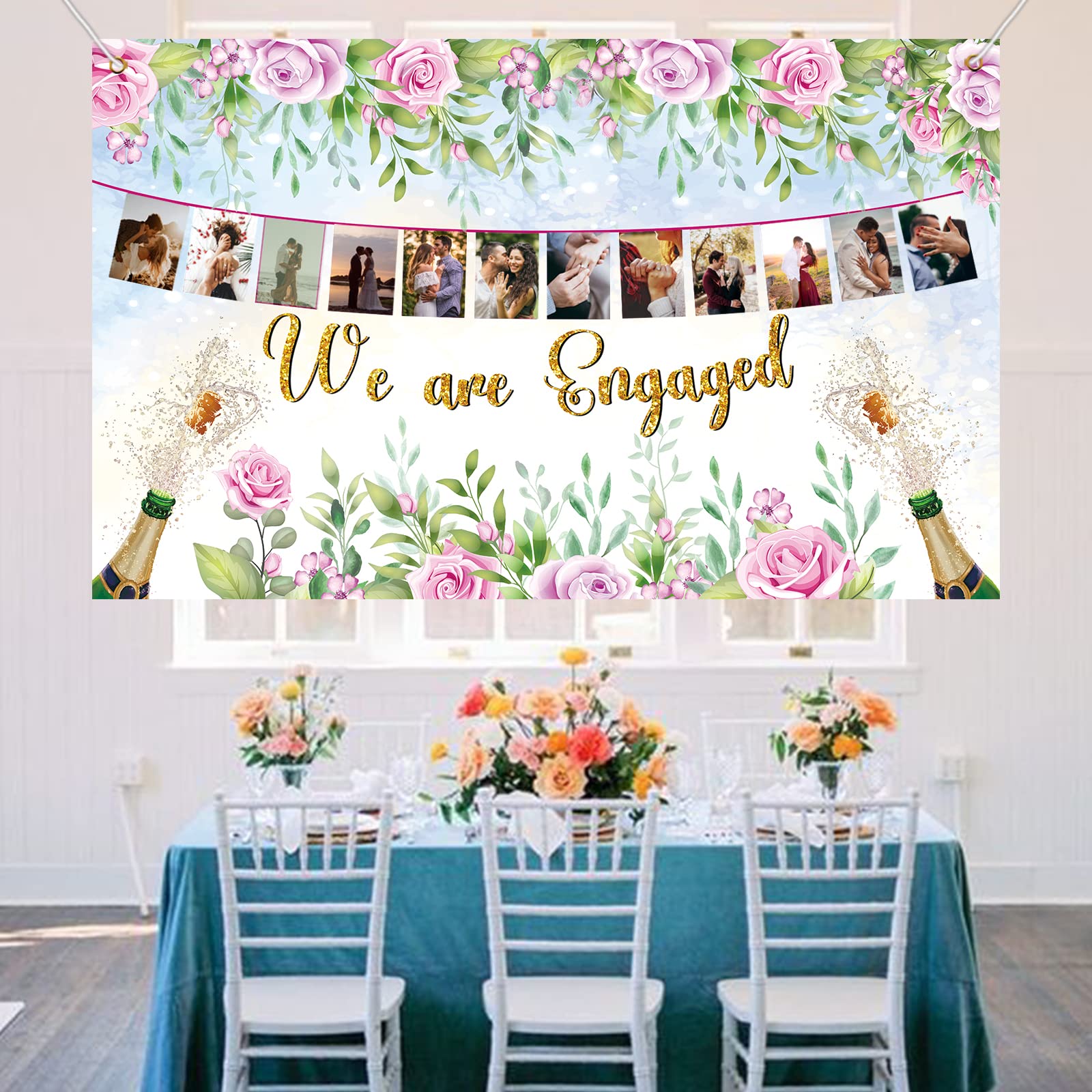 MEFENG Personalized We are Engaged Backdrop Banner Flower Engagement Decorations Bridal Shower Party Backdrop Engaged Ceremony Supplies Photo Booth Props Background with Customized Picture