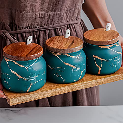 JFFLYIT 3 pcs round porcelain condiment jars set sugar bowl ceramic spice jars marble ceramic seasoning coffee and sugar canister set with bamboo wood lid wood tray and ceramic spoon(Green)