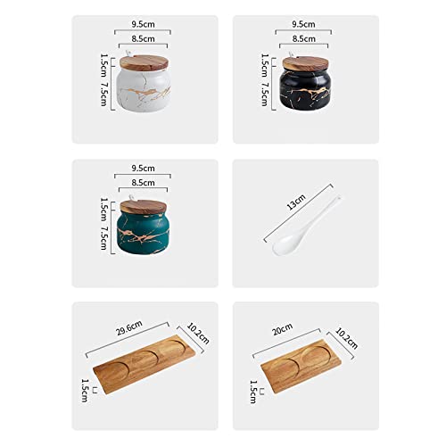 JFFLYIT 3 pcs round porcelain condiment jars set sugar bowl ceramic spice jars marble ceramic seasoning coffee and sugar canister set with bamboo wood lid wood tray and ceramic spoon(Green)