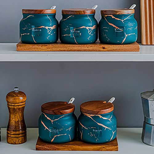 JFFLYIT 3 pcs round porcelain condiment jars set sugar bowl ceramic spice jars marble ceramic seasoning coffee and sugar canister set with bamboo wood lid wood tray and ceramic spoon(Green)