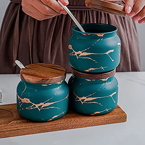 JFFLYIT 3 pcs round porcelain condiment jars set sugar bowl ceramic spice jars marble ceramic seasoning coffee and sugar canister set with bamboo wood lid wood tray and ceramic spoon(Green)