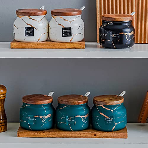 JFFLYIT 3 pcs round porcelain condiment jars set sugar bowl ceramic spice jars marble ceramic seasoning coffee and sugar canister set with bamboo wood lid wood tray and ceramic spoon(Green)