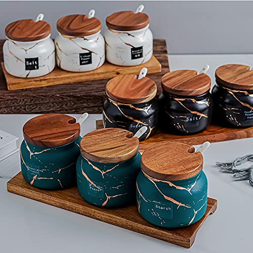 JFFLYIT 3 pcs round porcelain condiment jars set sugar bowl ceramic spice jars marble ceramic seasoning coffee and sugar canister set with bamboo wood lid wood tray and ceramic spoon(Green)