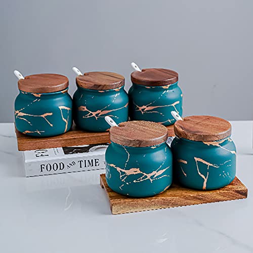 JFFLYIT 3 pcs round porcelain condiment jars set sugar bowl ceramic spice jars marble ceramic seasoning coffee and sugar canister set with bamboo wood lid wood tray and ceramic spoon(Green)