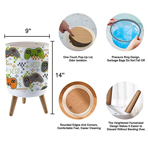 CAKOJV188 Round Trash Can with Press Lid Seamless Abstract with Colorful Joystick Game for Boys Small Garbage Can Trash Bin Dog-Proof Trash Can Wooden Legs Waste Bin Wastebasket 7L/1.8 Gallon