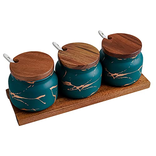 JFFLYIT 3 pcs round porcelain condiment jars set sugar bowl ceramic spice jars marble ceramic seasoning coffee and sugar canister set with bamboo wood lid wood tray and ceramic spoon(Green)