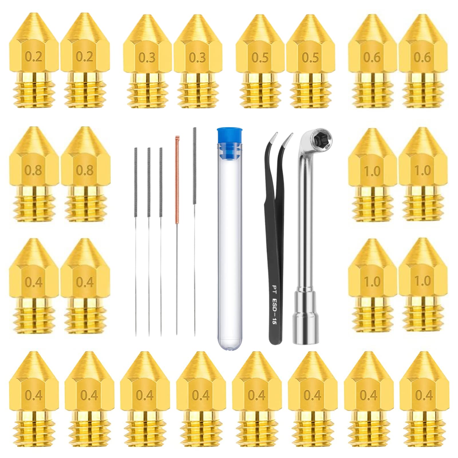 24Pcs MK8 3D Printer Nozzles Extruder nozzles Kit 0.4mm,0.2mm,0.3mm,0.5mm,0.6mm,0.8mm,1.0mm Brass Nozzles with 5Pcs Stainless Steel Cleaning Needle for for Creality CR-10, Ender 3/ pro/v2/5, Prusa i3