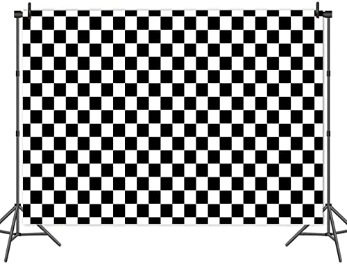 Cosplay Party Banner Checkered Flag Photography Backdrop Vinyl 7x5ft Photo Background White and Black Racing Checker Texture Grid Birthday Chess Board Decoration Supplies Photo Booth Studio Props