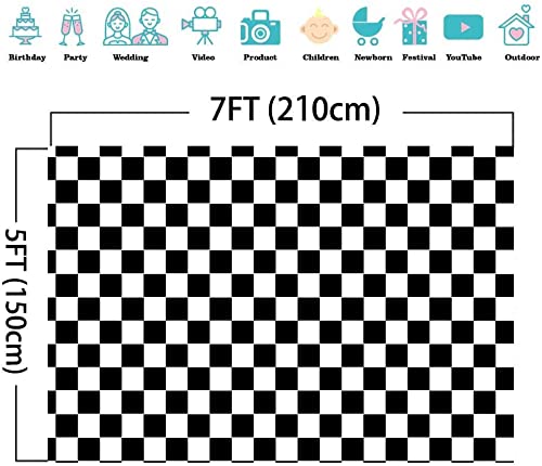 Cosplay Party Banner Checkered Flag Photography Backdrop Vinyl 7x5ft Photo Background White and Black Racing Checker Texture Grid Birthday Chess Board Decoration Supplies Photo Booth Studio Props