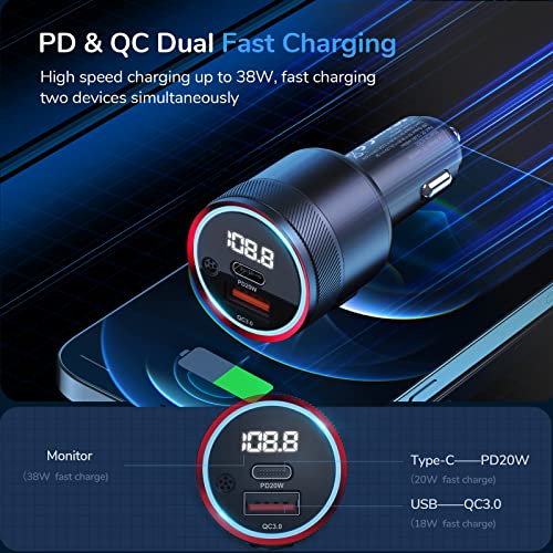 Syncwire Bluetooth 5.1 FM Transmitter for Car, 38W PD&QC3.0 Fast Charger Wireless Radio Adapter Bass Sound Music Player Car Kit with Hands-Free Calling Support USB Drive