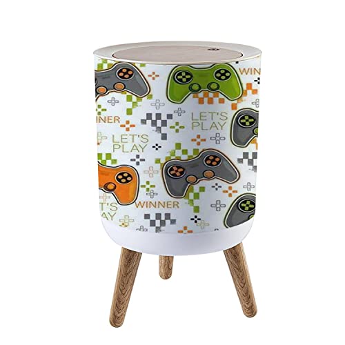 CAKOJV188 Round Trash Can with Press Lid Seamless Abstract with Colorful Joystick Game for Boys Small Garbage Can Trash Bin Dog-Proof Trash Can Wooden Legs Waste Bin Wastebasket 7L/1.8 Gallon