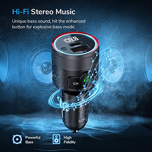 Syncwire Bluetooth 5.1 FM Transmitter for Car, 38W PD&QC3.0 Fast Charger Wireless Radio Adapter Bass Sound Music Player Car Kit with Hands-Free Calling Support USB Drive