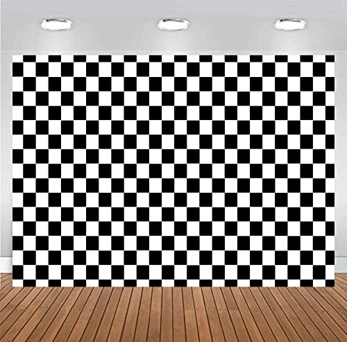 Cosplay Party Banner Checkered Flag Photography Backdrop Vinyl 7x5ft Photo Background White and Black Racing Checker Texture Grid Birthday Chess Board Decoration Supplies Photo Booth Studio Props