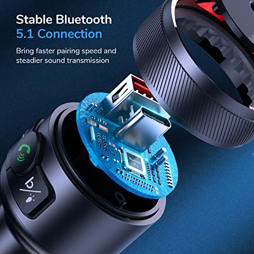 Syncwire Bluetooth 5.1 FM Transmitter for Car, 38W PD&QC3.0 Fast Charger Wireless Radio Adapter Bass Sound Music Player Car Kit with Hands-Free Calling Support USB Drive