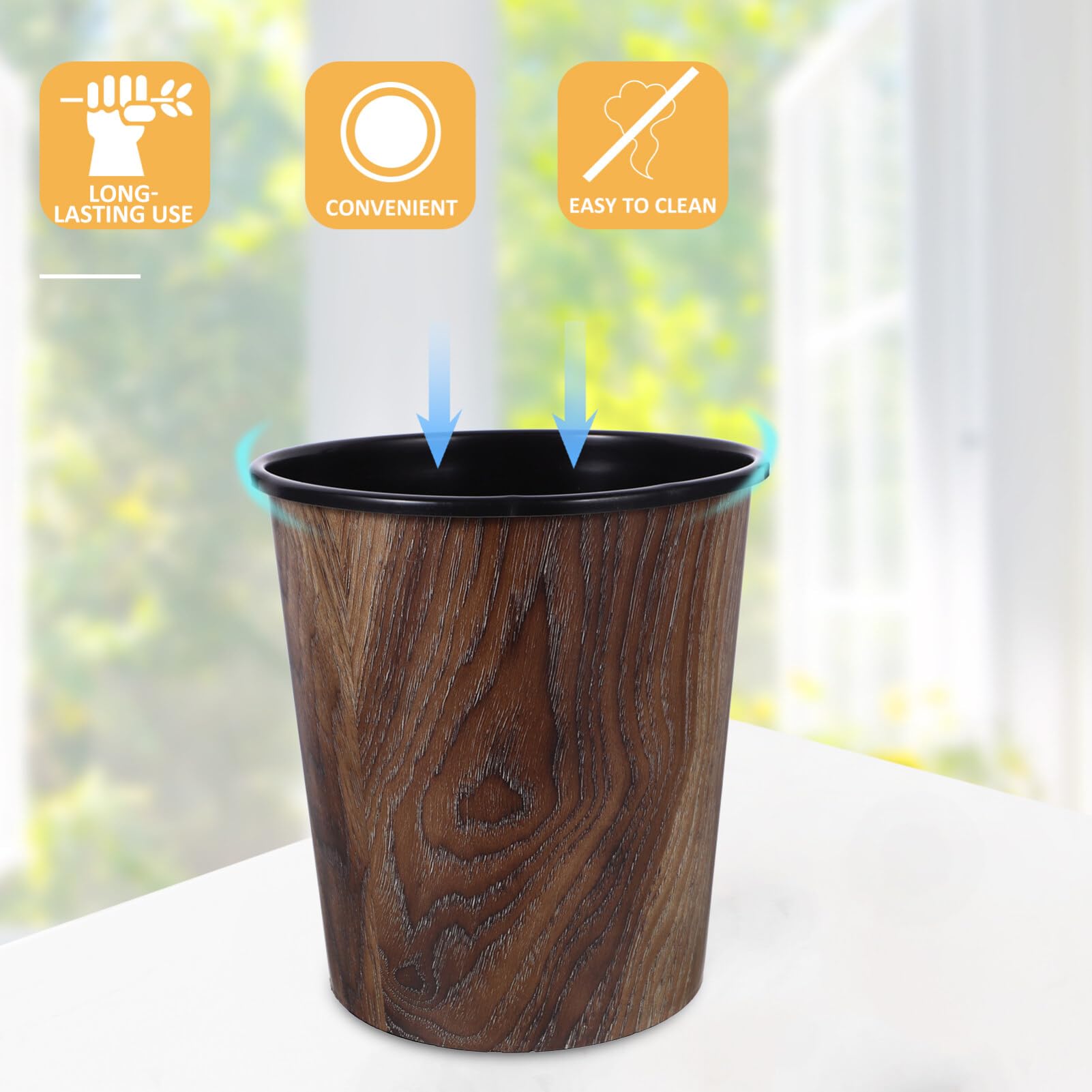 VILLCASE Vintage Wood Grain Plastic Trash Can Round Wastebasket 7l Garbage Can Trash Bin Farmhouse Garbage Bin Container for Under Desk Kitchen Bedroom Hotel or Kids Room