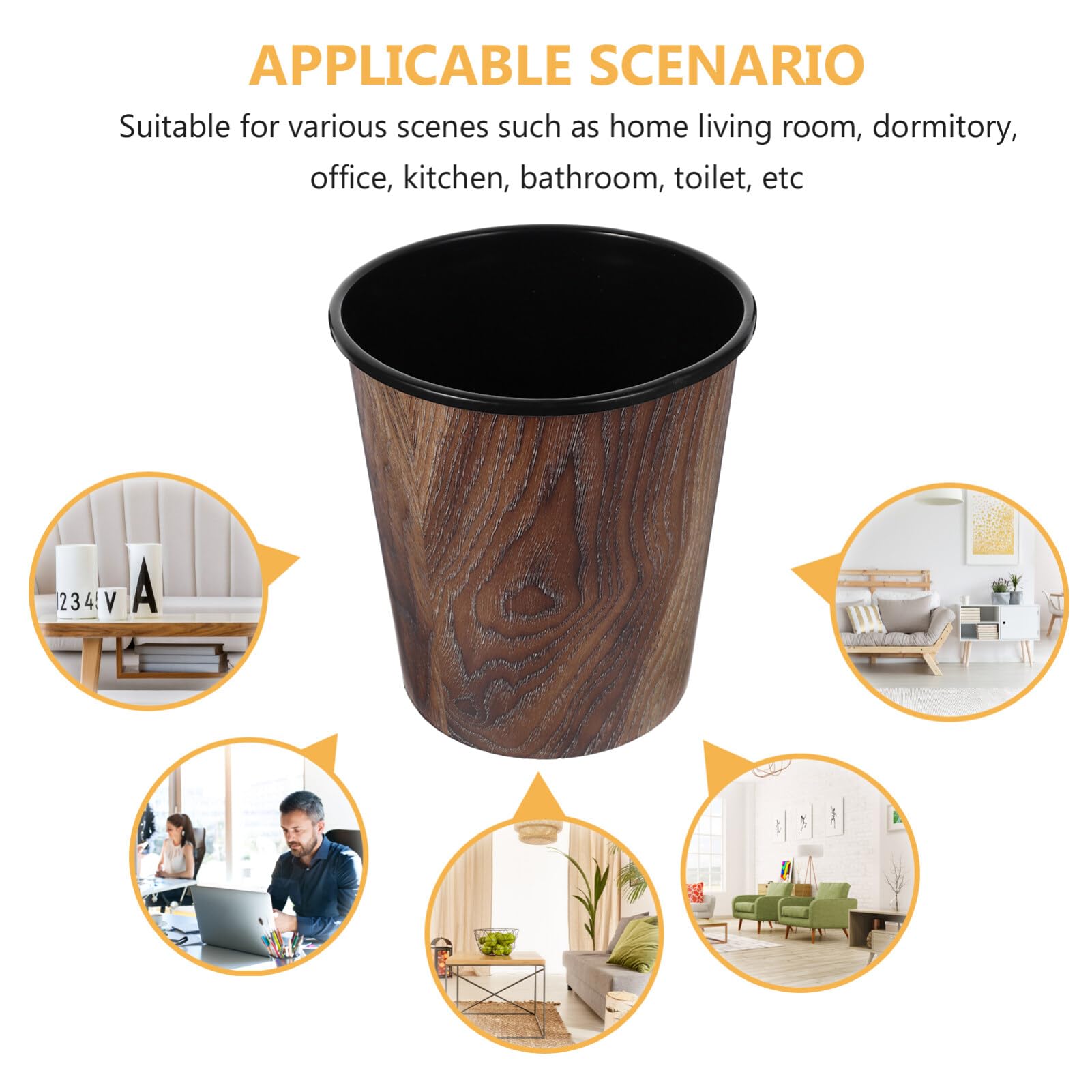 VILLCASE Vintage Wood Grain Plastic Trash Can Round Wastebasket 7l Garbage Can Trash Bin Farmhouse Garbage Bin Container for Under Desk Kitchen Bedroom Hotel or Kids Room